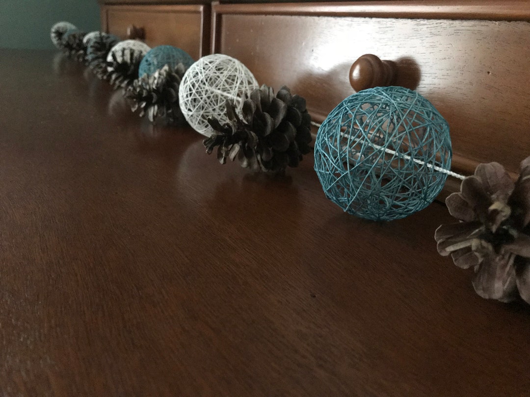 Blue and White String Ball and Pine Cone Garland - Etsy