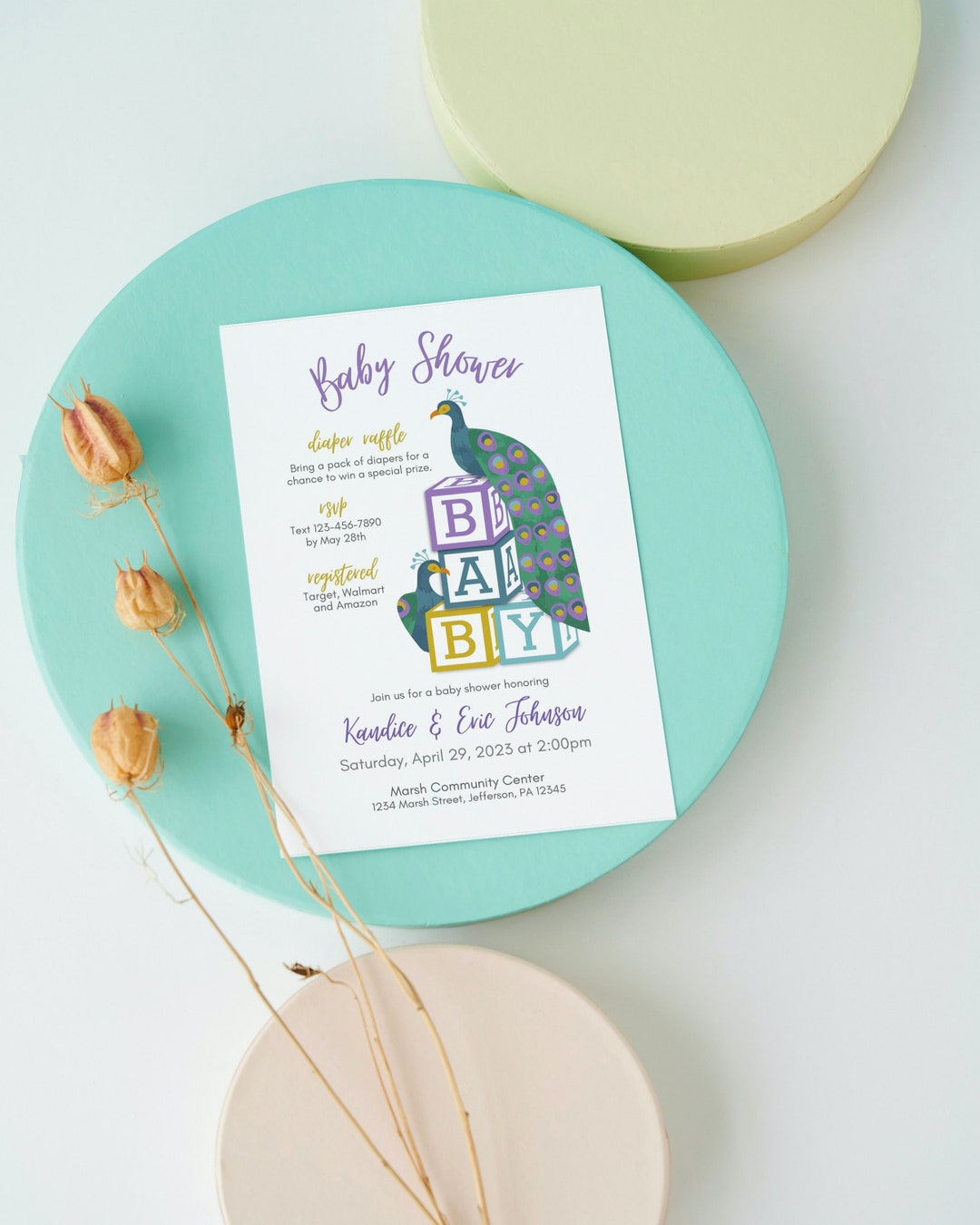 Editable Baby Shower Invitation Template - Peacock Baby Blocks Theme ...