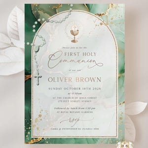 Green MARBLE Gold First Holy Communion Invite Golden Arch First ...