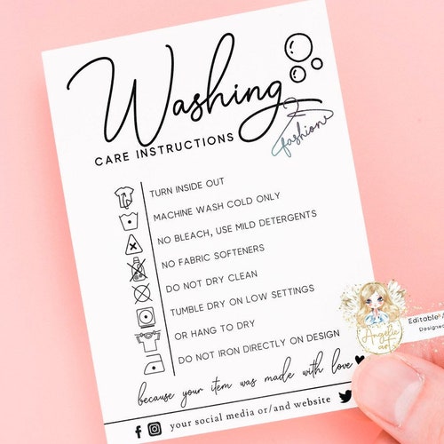 Washing Instructions Template Simple Minimalist Insert Card - Etsy