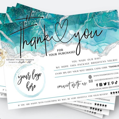 AQUA Business Insert Card Template Editable Aqua Silver - Etsy