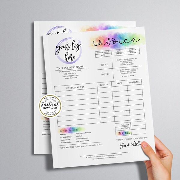 Invoice Template Word Printable Invoice Custom Order Forms Business ...