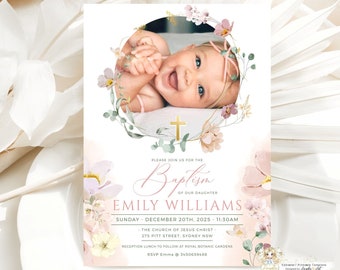 Pink Girls Baptism Invitation, Wildflower Baptism Invitation Template ...