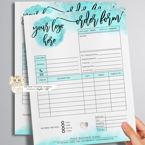 AQUA ORDER Form Template Aqua Silver Printable Invoice - Etsy