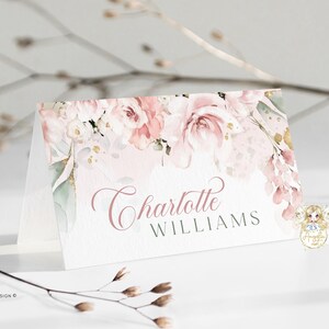AVA Floral Pink Place Cards Templates, Blush Pink Gold Green Flat and ...