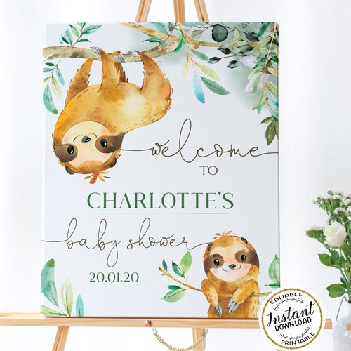 SLOTH Baby Shower Welcome Sign Template Editable Gender - Etsy