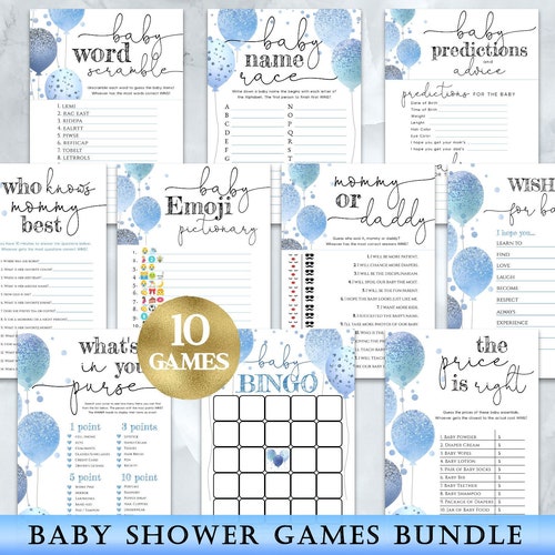 Blue Balloons Baby Shower Games Bundle Download Baby Boy - Etsy