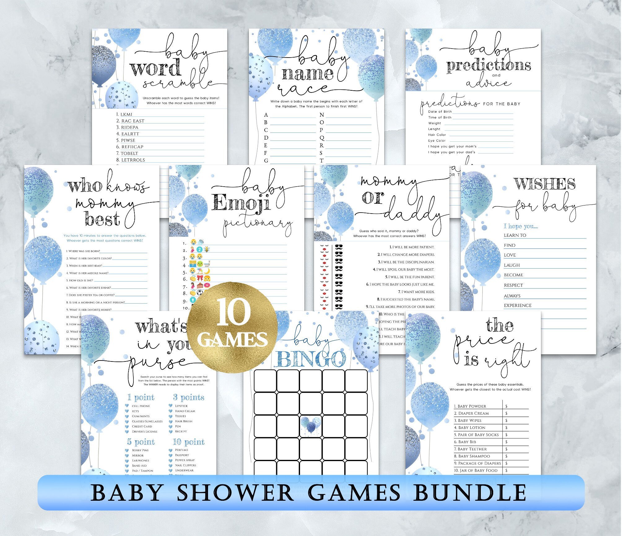 Blue Balloons Baby Shower Games Bundle Download Baby Boy - Etsy