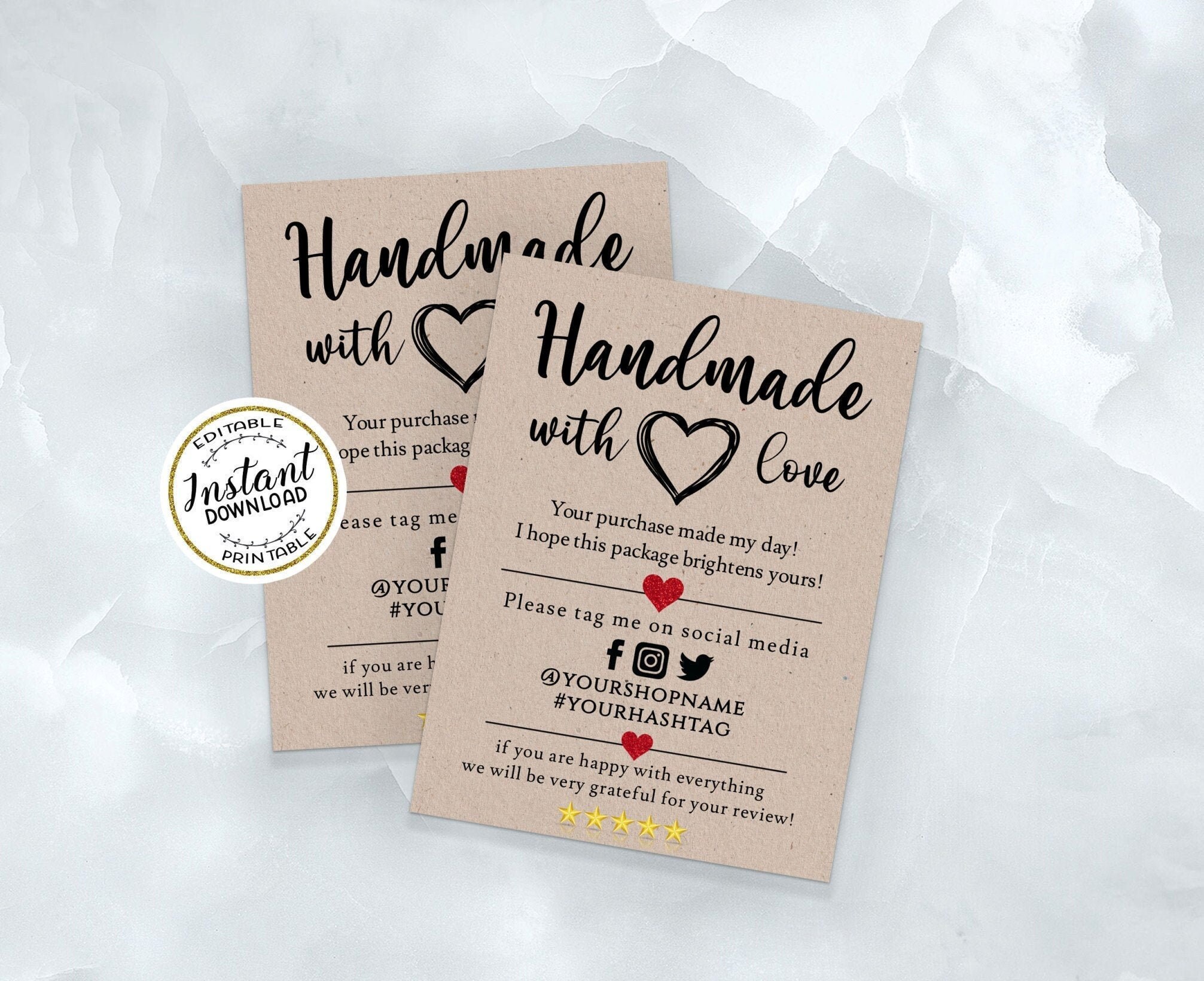 Etsy Order Packaging Insert Handmade With love Template Editable Cards ...