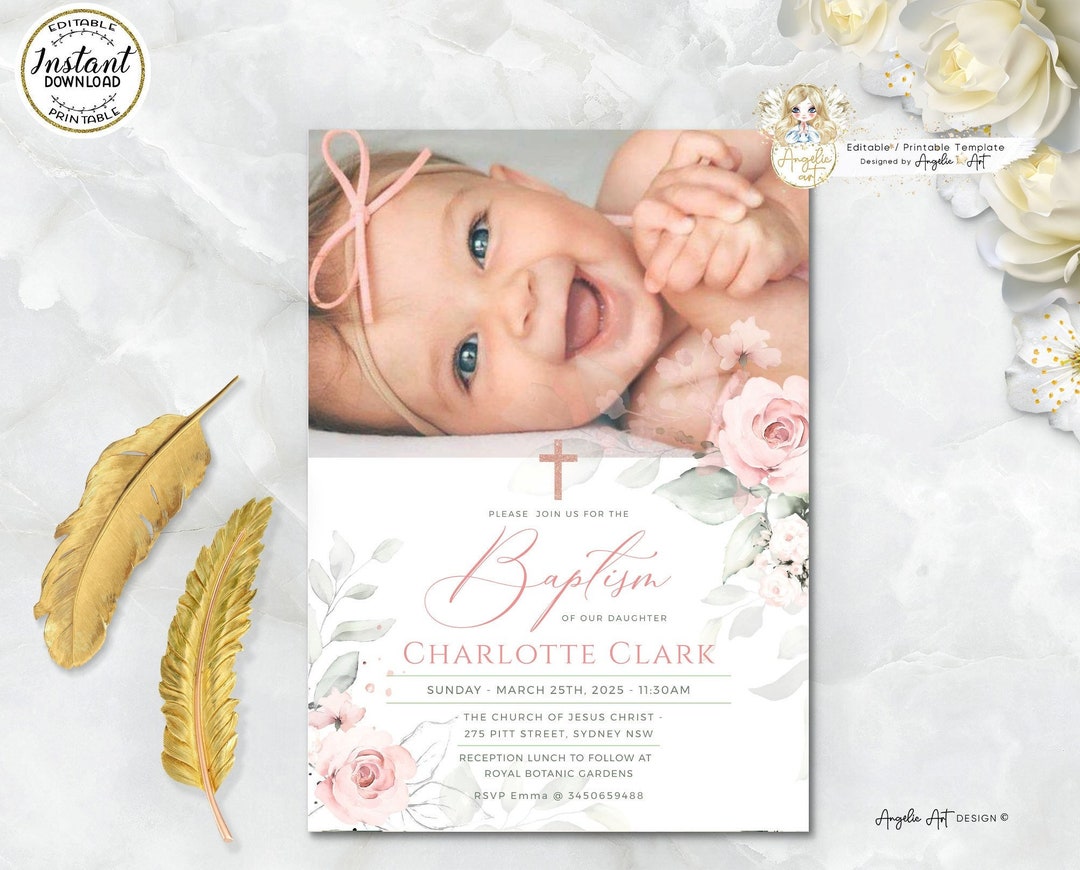 DELICATE - Girl Baptism Invitation Template With Photo, Blush Pink ...