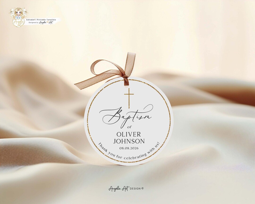 CLASSIC Elegant Baptism Round Favor Tag Template, Modern Gold Neutral ...