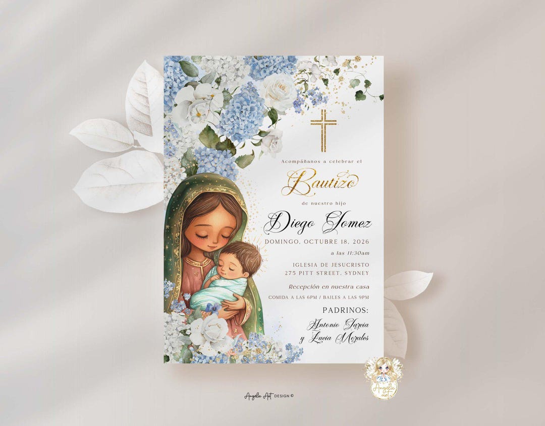 Azul Dorado Floral Hydrangea Virgen De Guadalupe Invitacione Bautizo ...