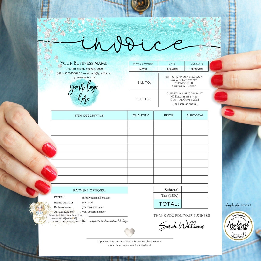 AQUA - INVOICE Form Template, Aqua Silver Printable Invoice Form Modern ...