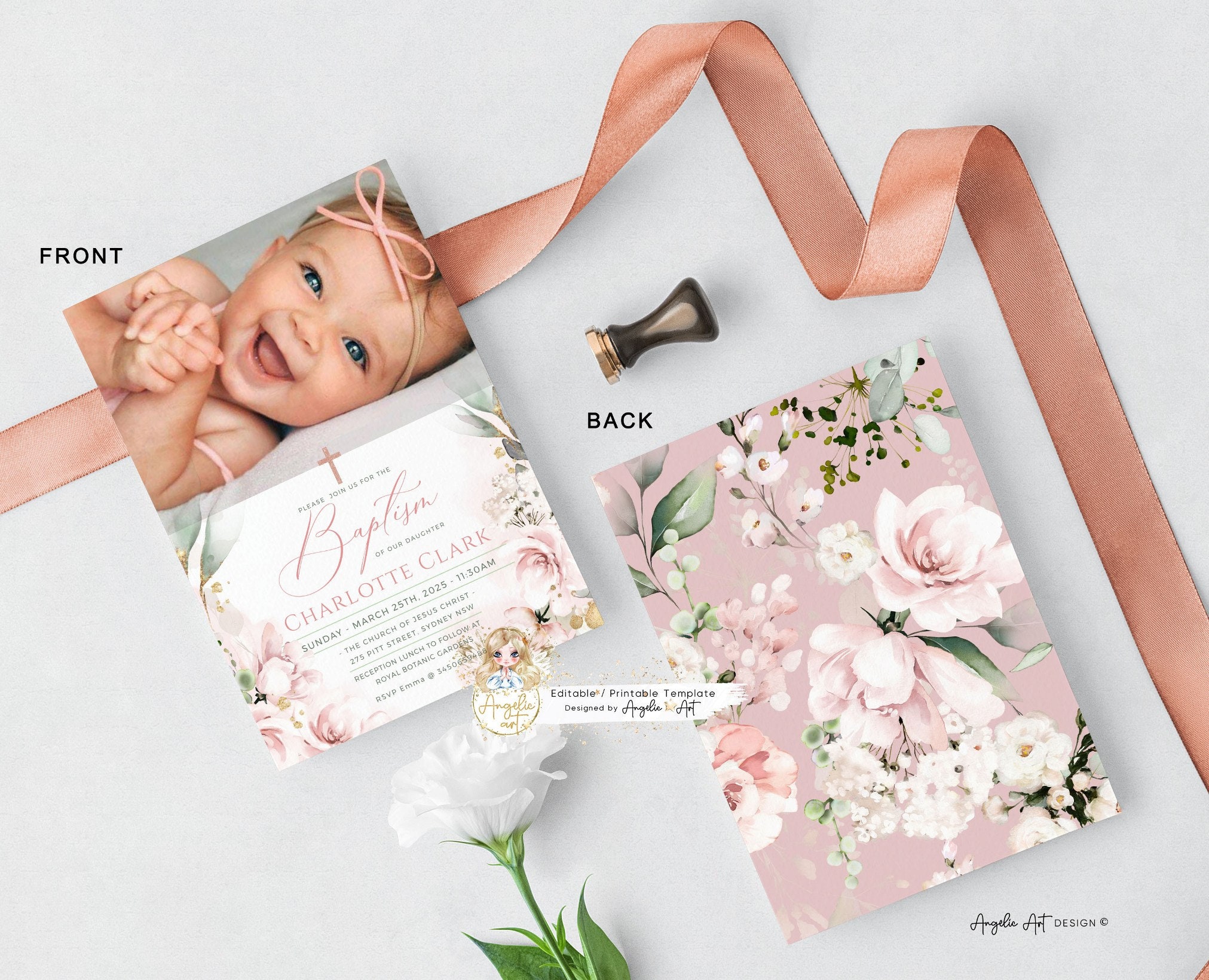 AVA Blush Pink Girl Baptism Invitation Template With Photo - Etsy