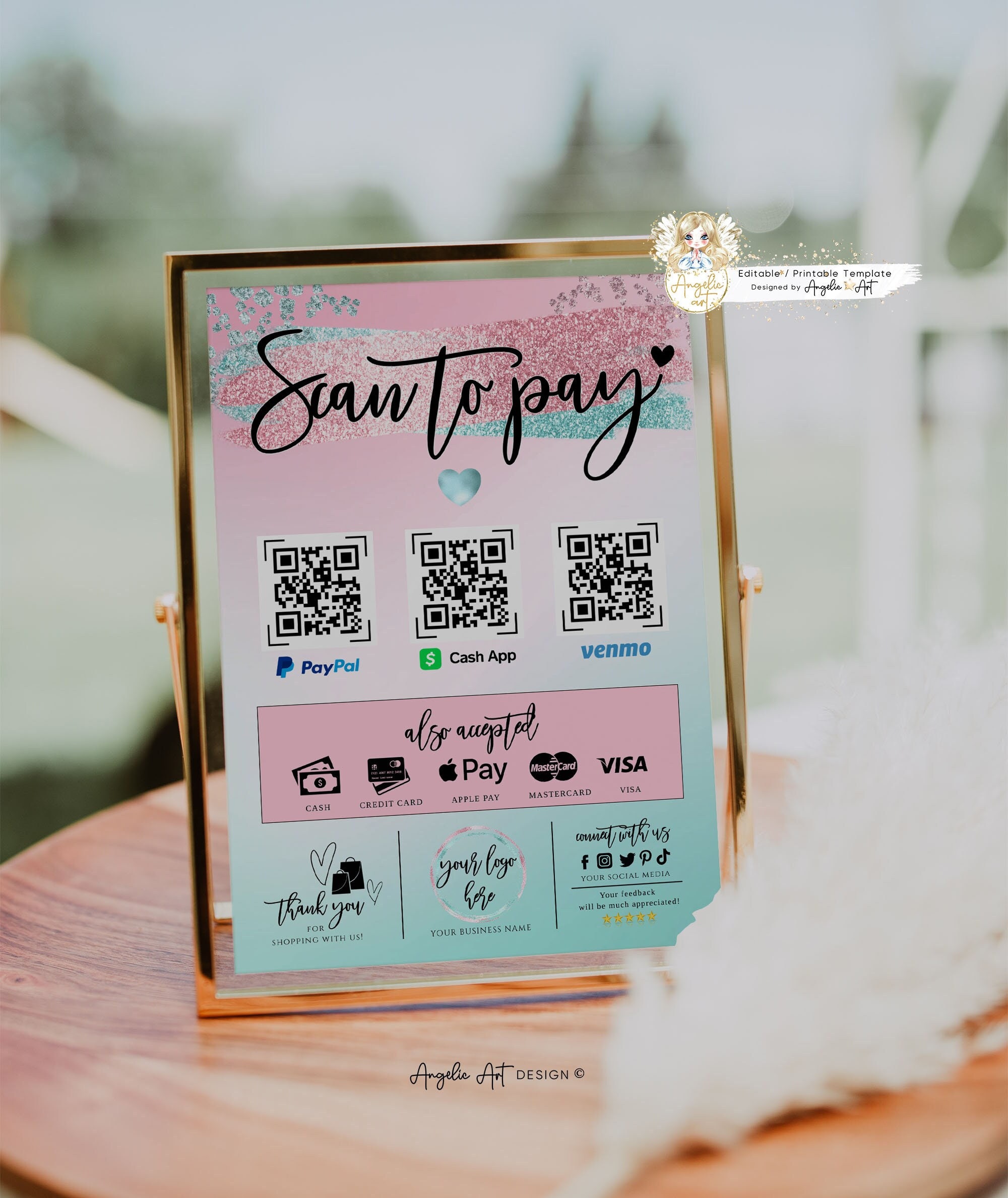 MINT Pink Scan to Pay Template Teal Rosegold Glitter Payment - Etsy