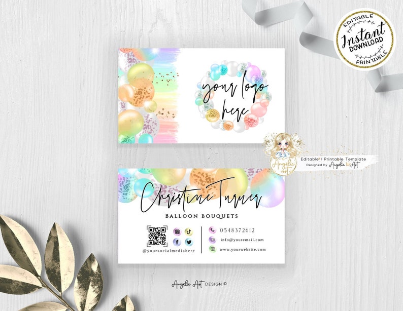 BALLOONS Business Card Template, RAINBOW Balloon Bouquets Business Card ...
