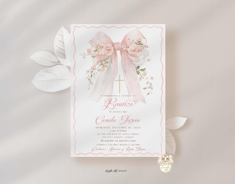 Lazo Floral Rosa Invitación De Bautizo Template: Pink Bow Spanish ...