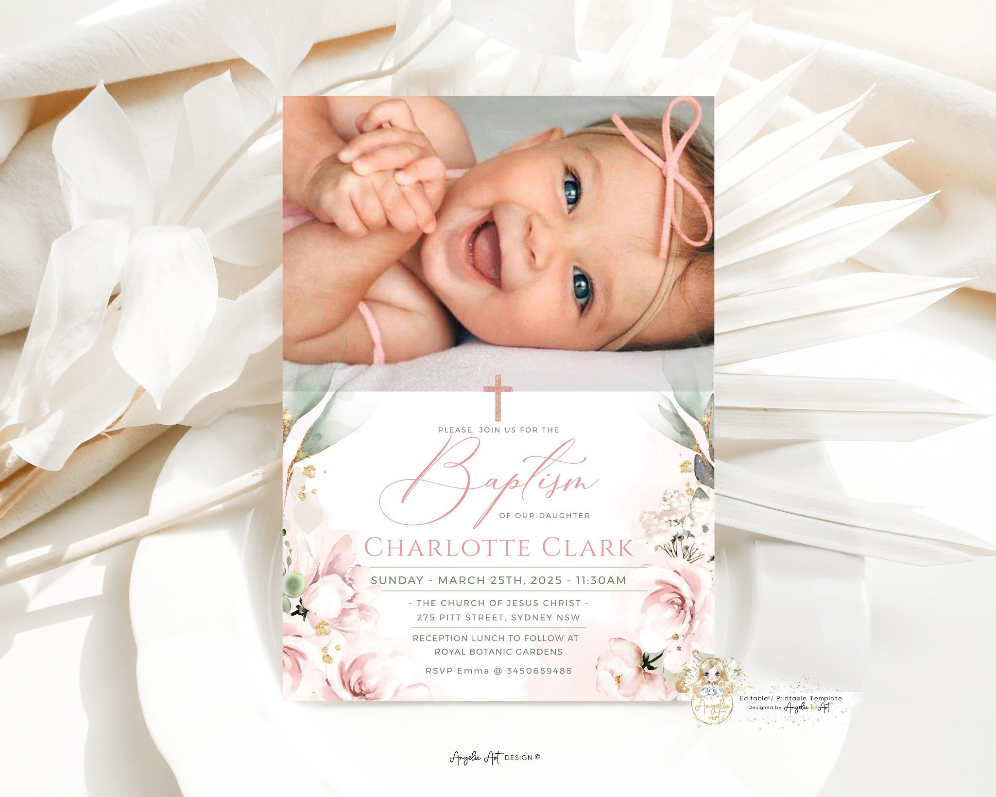 AVA Blush Pink Girl Baptism Invitation Template With Photo - Etsy