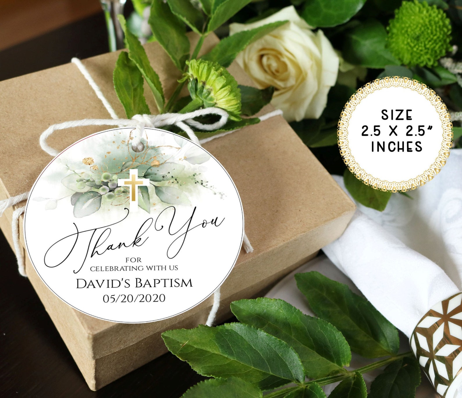 Editable Baptism Favor Tags Template Greenery Gold Baptism | Etsy