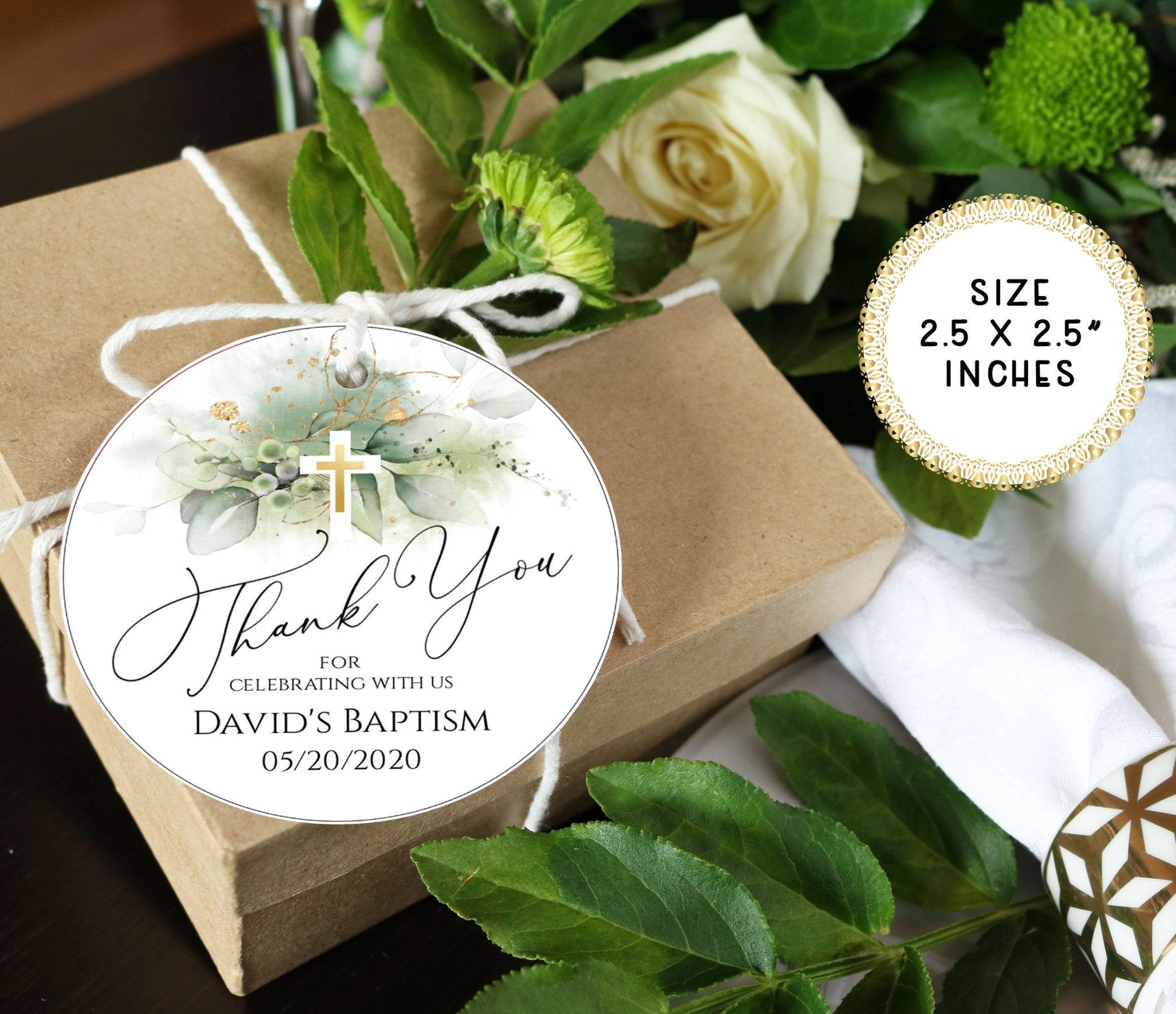 Editable Baptism Favor Tags Template - Greenery Gold Baptism Round Tags ...