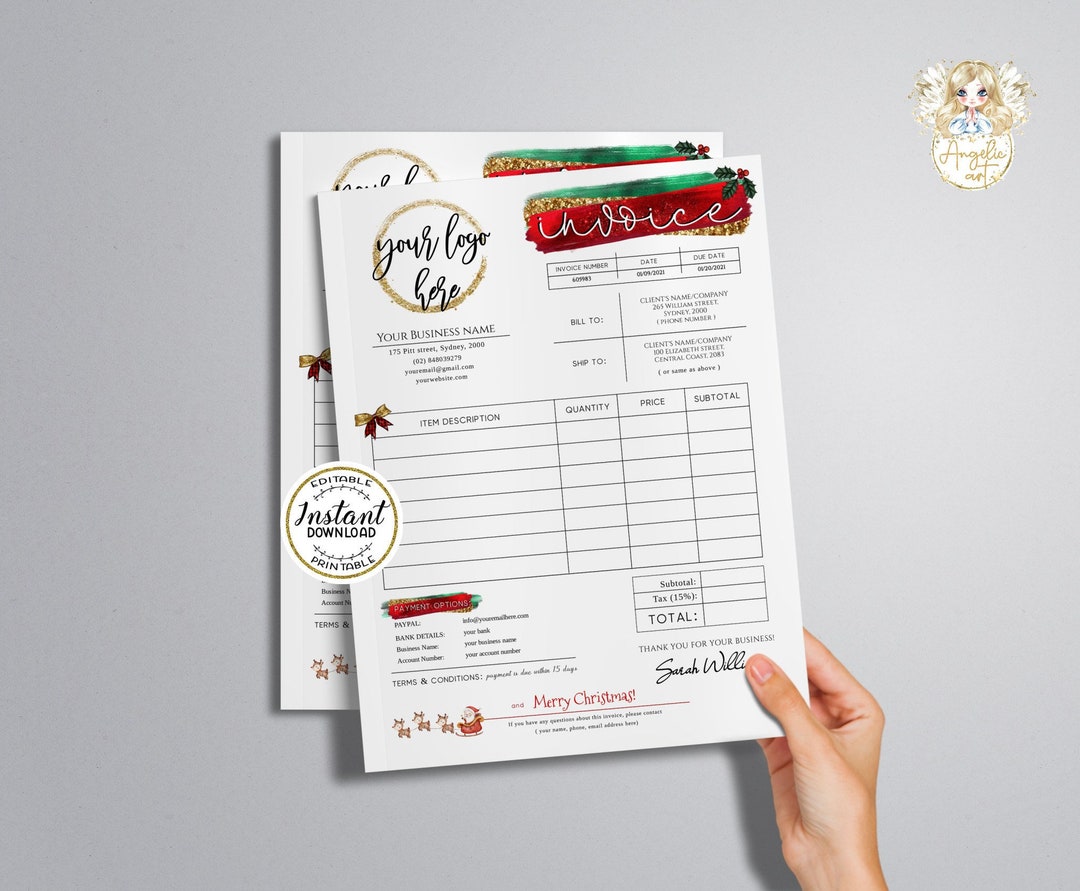 CHRISTMAS Editable INVOICE Template, Holiday Printable Invoice Form ...