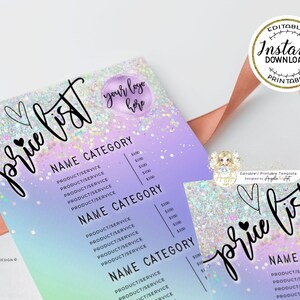 ELF - Editable Price List Template, Printable Holographic Glitter ...