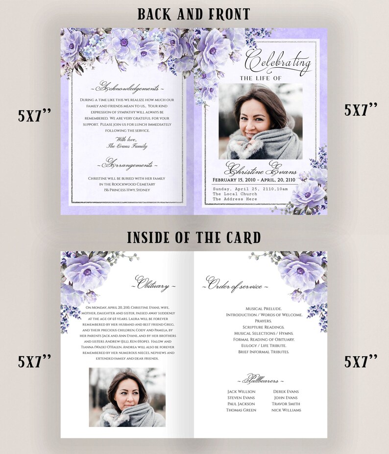 Lilac Floral Funeral Program Template Purple Editable Etsy