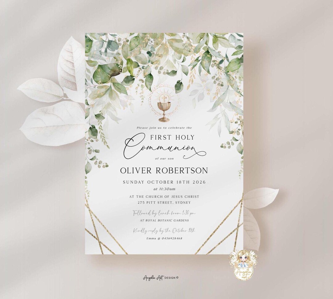AVERY - Greenery Gold First COMMUNION Invitation Template Boy EDITABLE ...