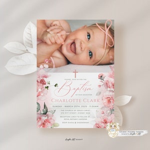 BELLE - Floral Blush Pink Girl Baptism Invitation Template, Pink Green ...