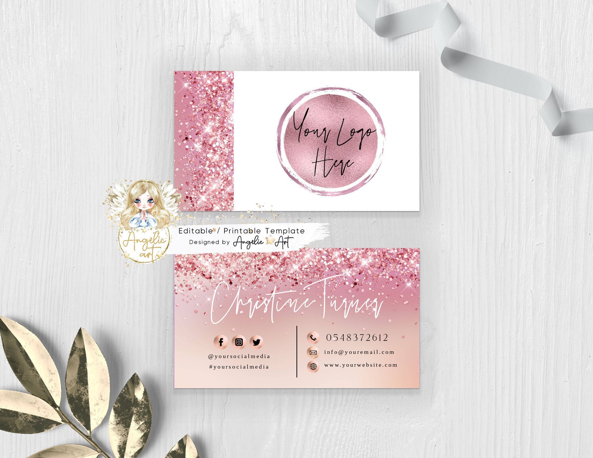 EDITABLE Rose Gold Glitter Business Cardhank You For Your Order Insert 