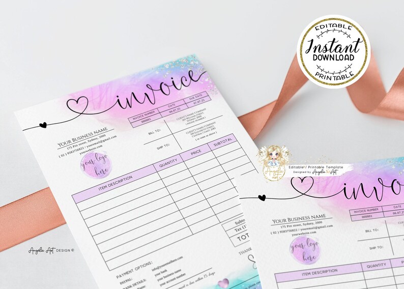 DREAMY EDITABLE Invoice Form Template Modern Printable Pink - Etsy