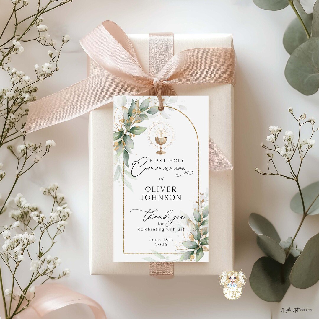 ROWAN - Greenery Gold First Holy Communion Boy Favor Tags Template ...