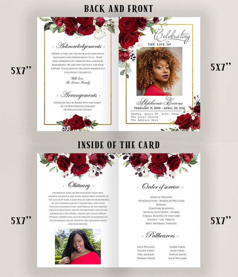 Editable Funeral Program Template, RED GOLD Memorial Service, Order of ...
