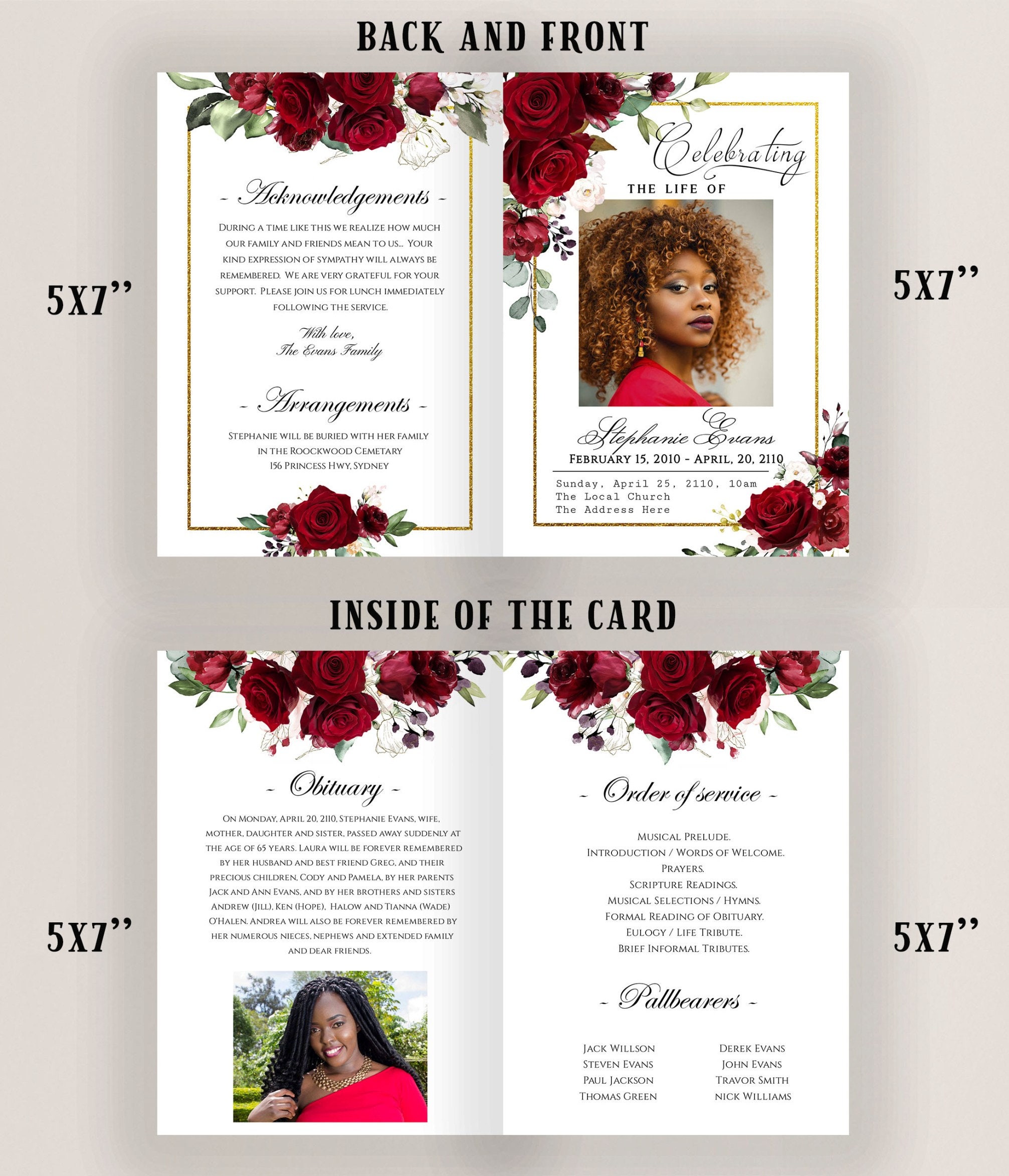 Editable Funeral Program Template, Memorial Service Template, RED GOLD ...