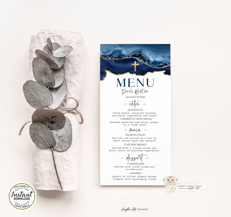 Deep Blue Gold Baptism Menu Template, Editable Printable (digital ...