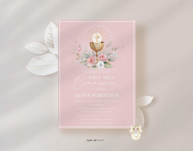 Editable Blush Pink Floral First Holy COMMUNION Invitation Template ...