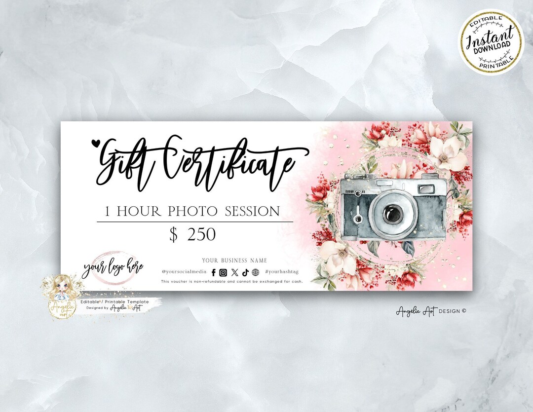 Pink Red Floral Photo Session Voucher Template Printable Christmas ...