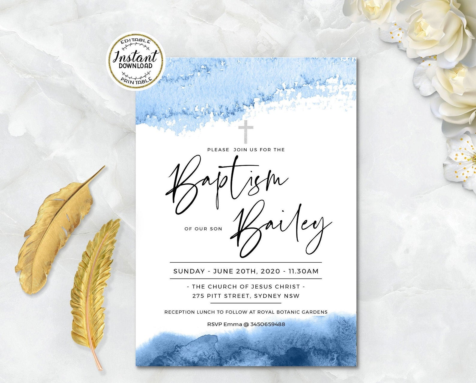 BLUE Watercolor Baptism Invitation Template NAUTICAL Boy - Etsy