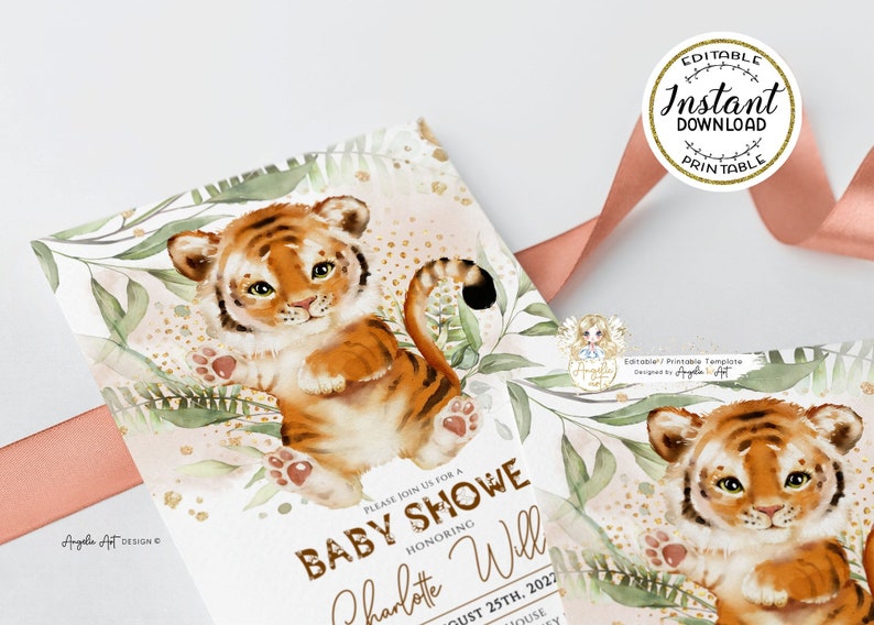 Editable TIGER Boy Girl Invitation Set Template, Gender Neutral Tiger ...