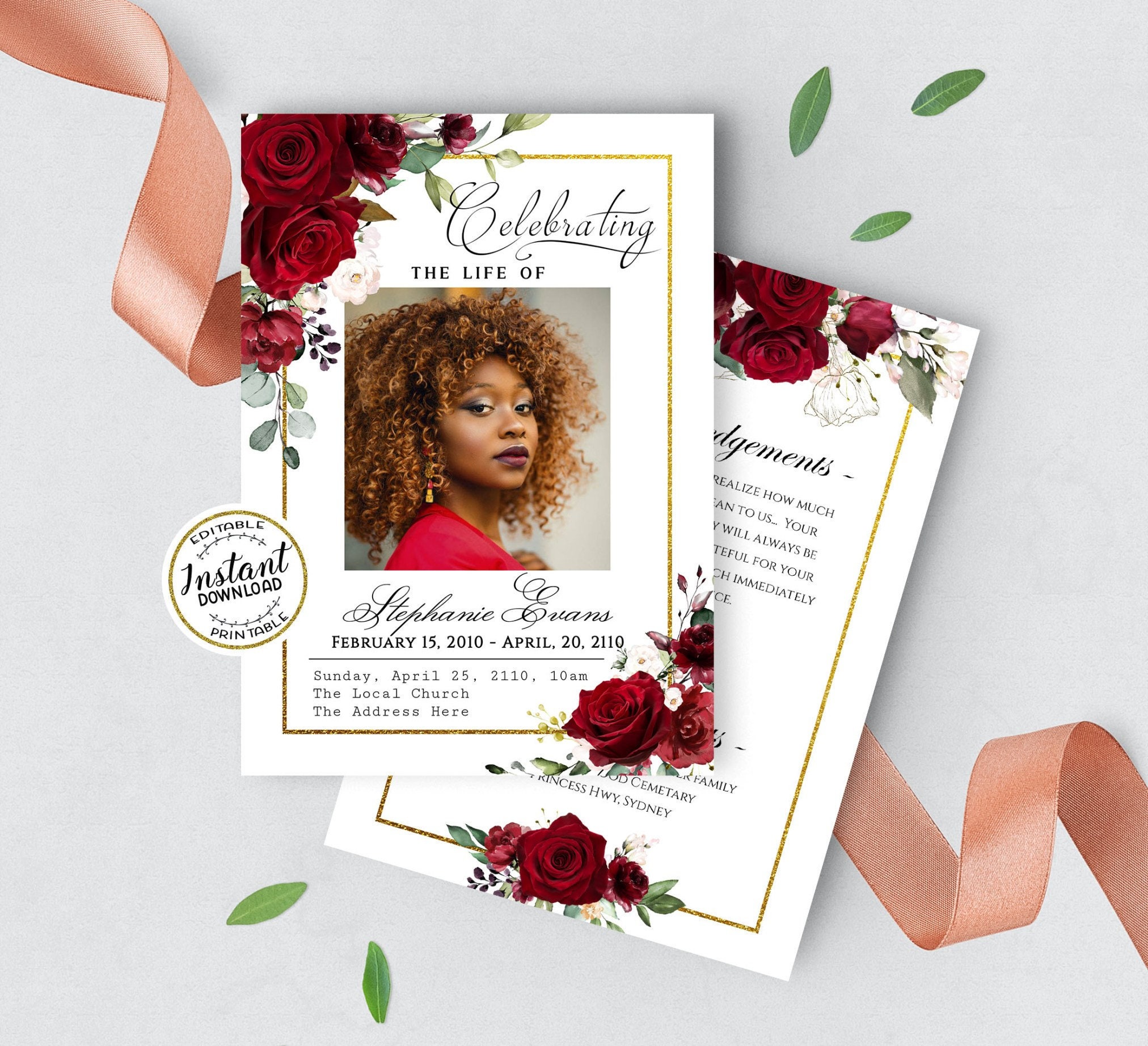 Editable Funeral Program Template, RED GOLD Memorial Service, Order of ...