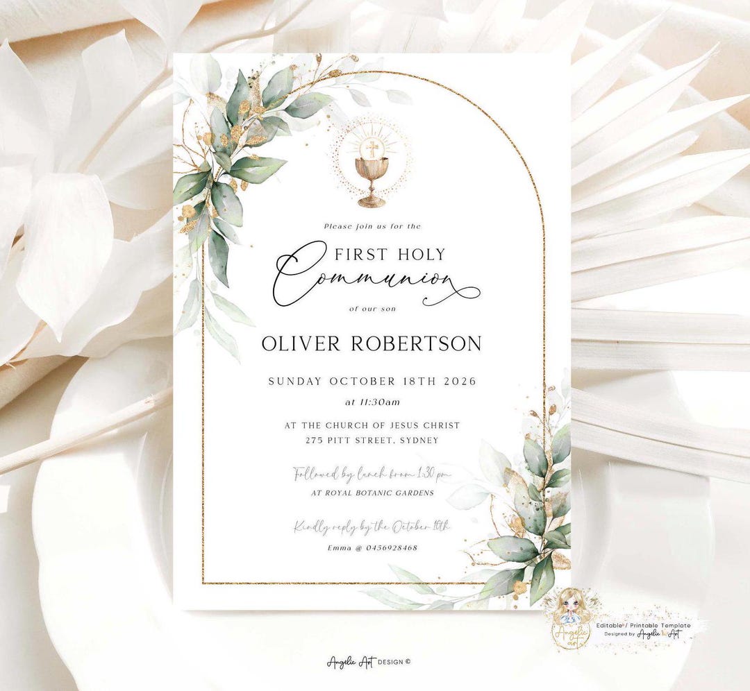 ROWAN Golden Arch Holy Communion Invite Greenery Gold First COMMUNION ...