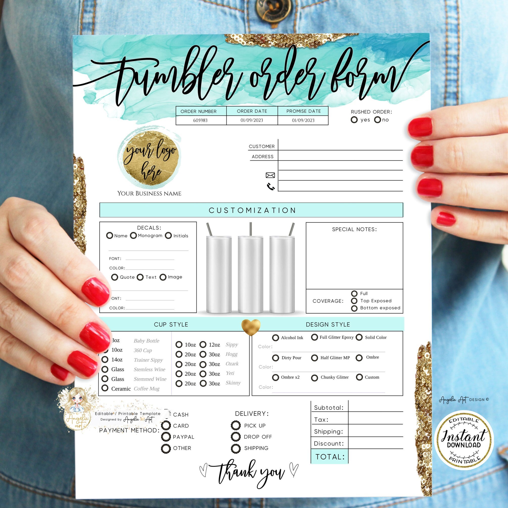 NYMPH Editable Tumbler Order Form Template TEAL Gold Modern - Etsy