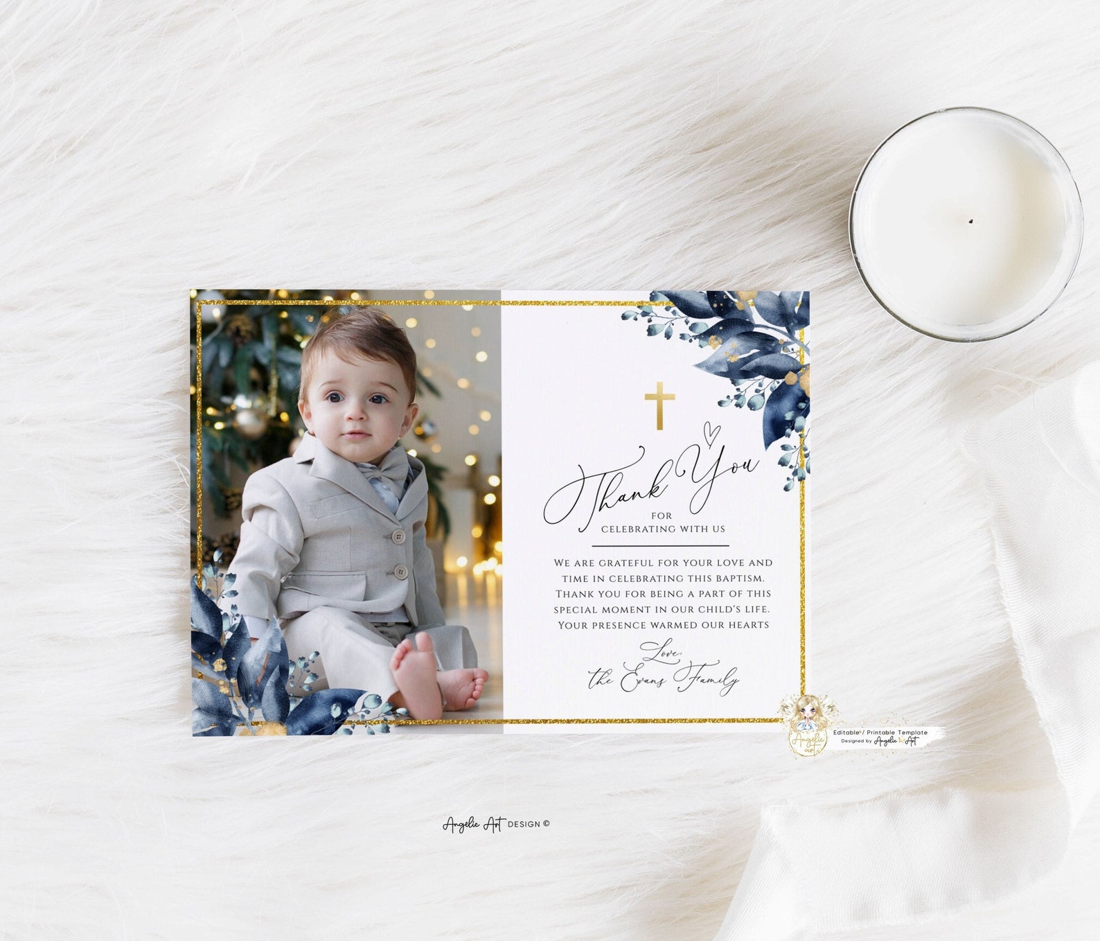 ST PETER Blue Gold Photo Baptism Thank You Card, EDITABLE Boy Baptism ...
