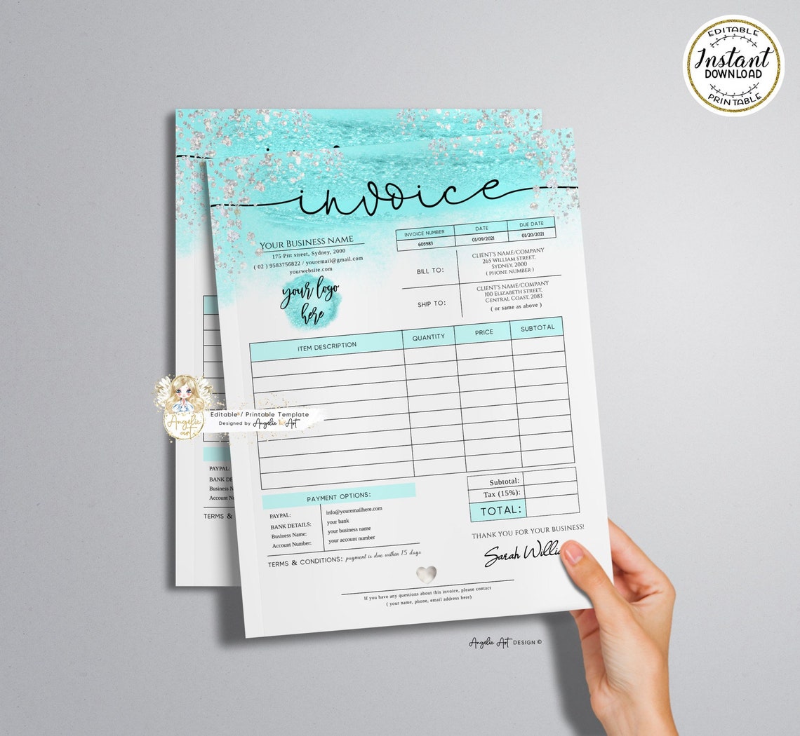 AQUA INVOICE Form Template Aqua Silver Printable Invoice | Etsy