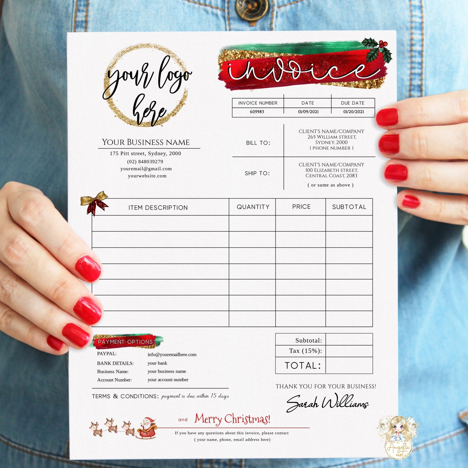 CHRISTMAS Editable INVOICE Template, Holiday Printable Invoice Form ...