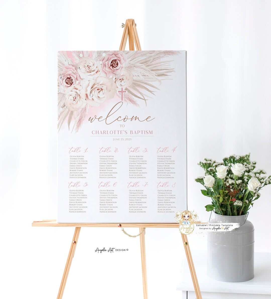 LUNA - Boho Floral Baptism Seating Chart Template Please Find Your Seat ...