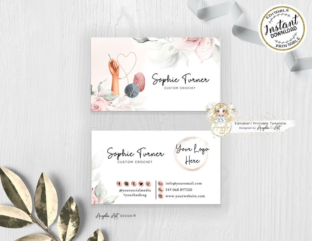 Editable CROCHETING Business Card Template - Floral Handmade Yarn ...