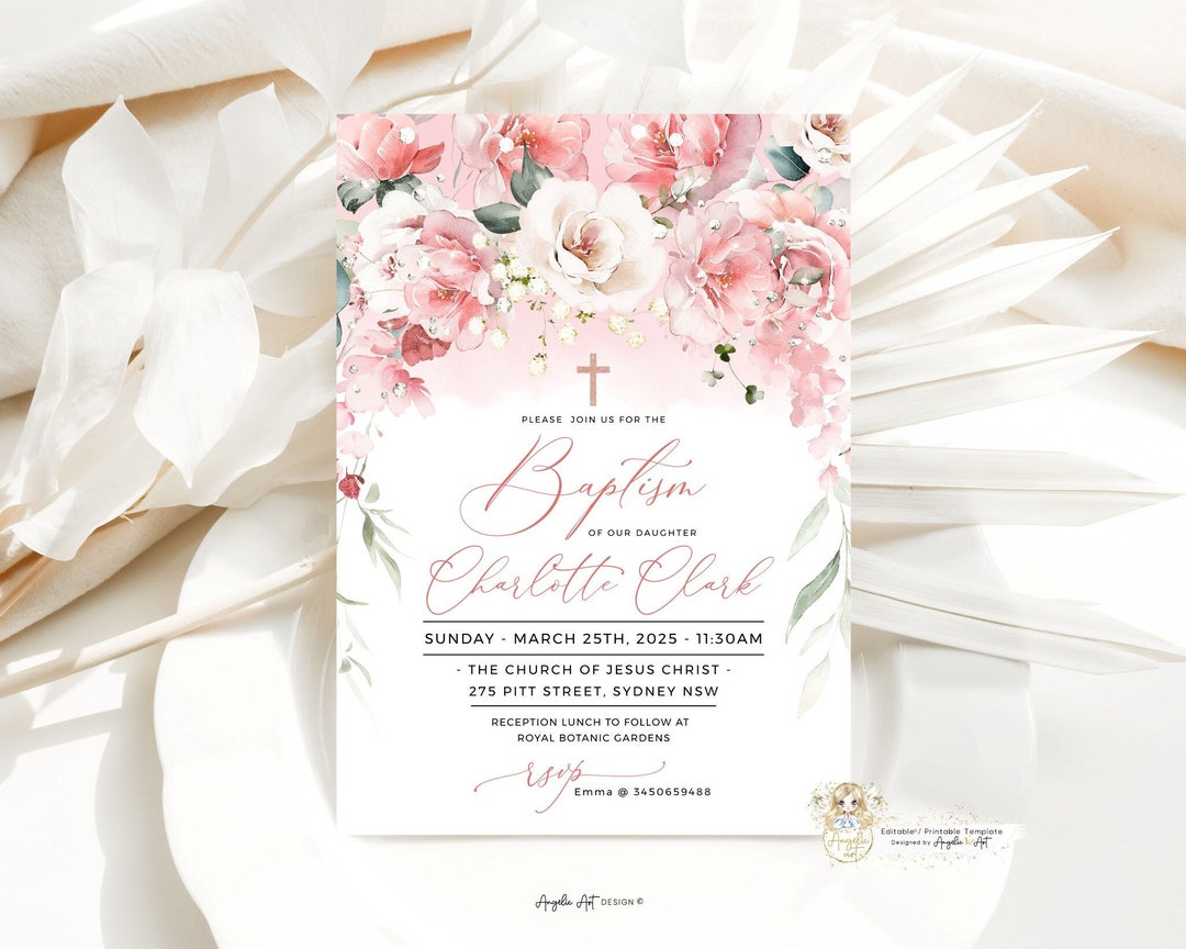 BELLE - BLUSH Pink Baptism Invitation Template Girl Baptism Invitation ...