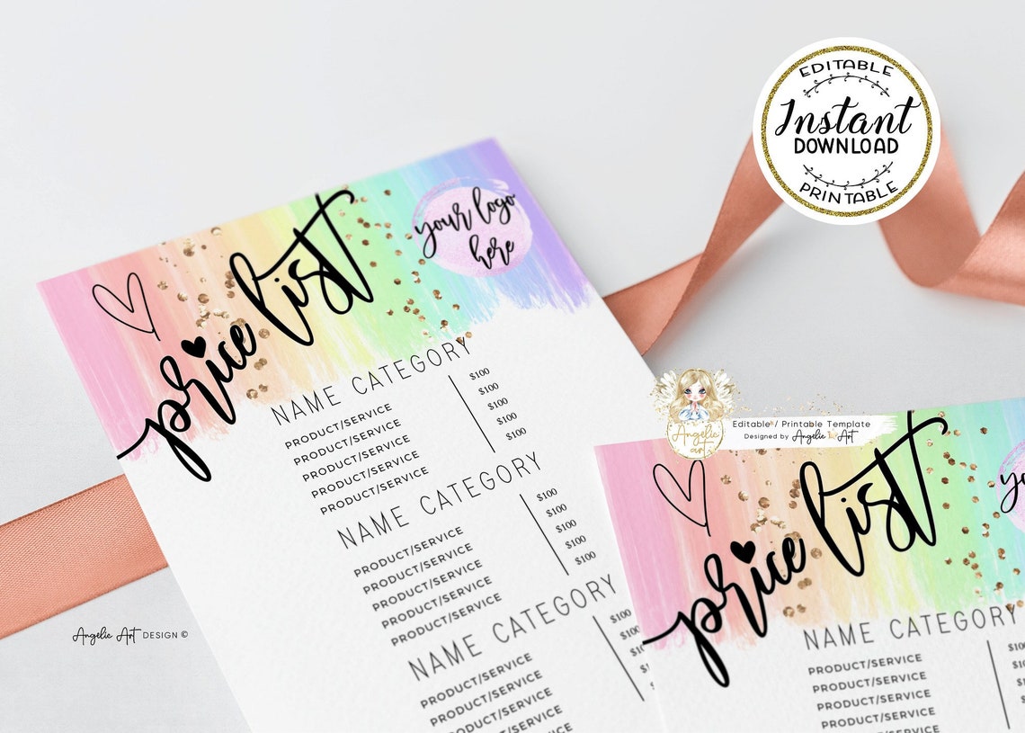 RAINBOW Price List Template EDITABLE Business Pricing Sign - Etsy