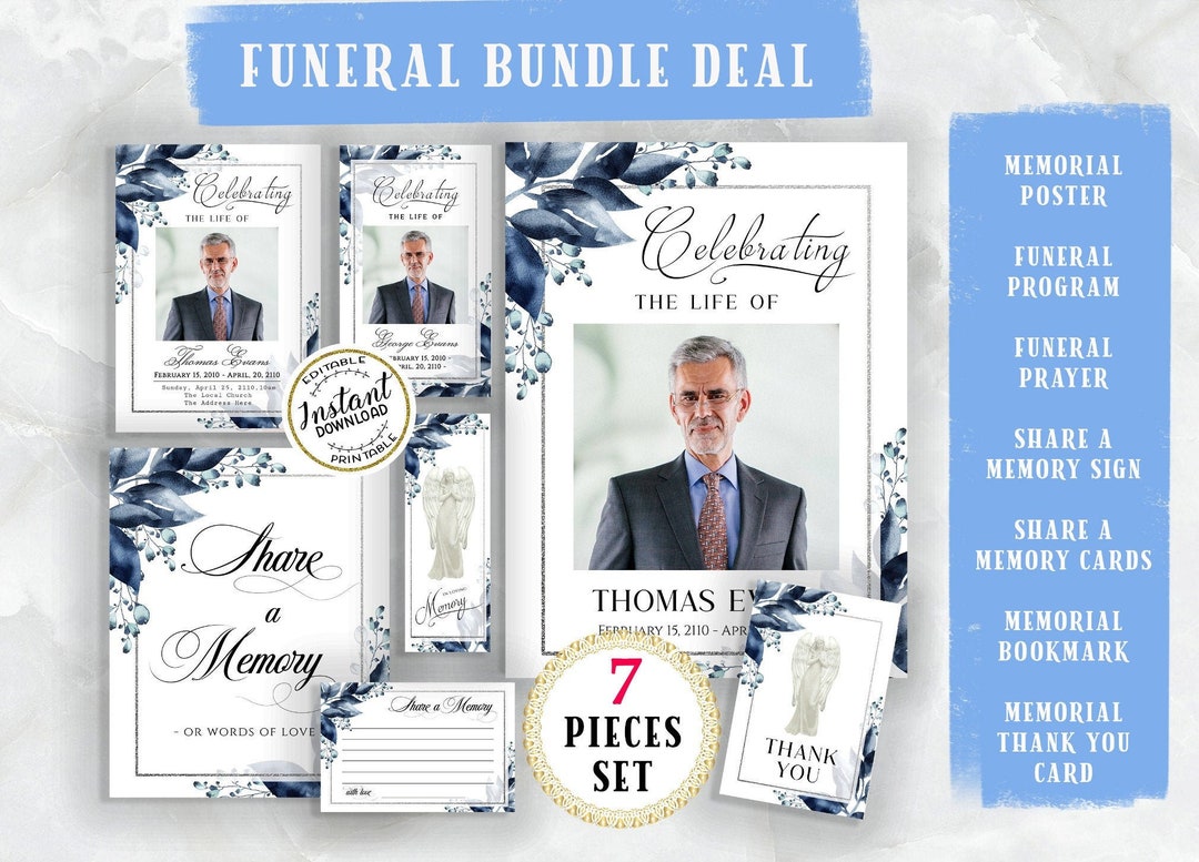 BLUE SILVER Funeral Bundle Set Printable Funeral Memory Bundle Funeral ...
